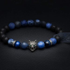 Karseer Viking Wolf Spirit Bracelet with Blue Sodalite and Black Lava Rock Beads, Natural Stone Chakra Jewelry for Emotional Support and Essential Oil Diffusion, Unisex Gift