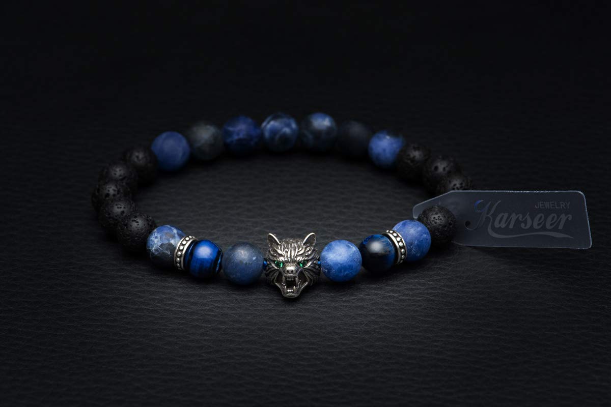 Karseer Viking Wolf Spirit Bracelet with Blue Sodalite and Black Lava Rock Beads, Natural Stone Chakra Jewelry for Emotional Support and Essential Oil Diffusion, Unisex Gift