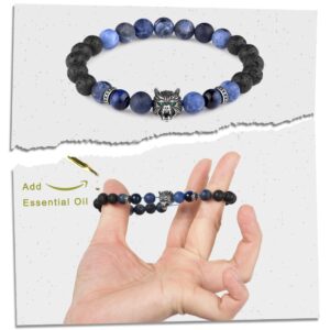 Karseer Viking Wolf Spirit Bracelet with Blue Sodalite and Black Lava Rock Beads, Natural Stone Chakra Jewelry for Emotional Support and Essential Oil Diffusion, Unisex Gift