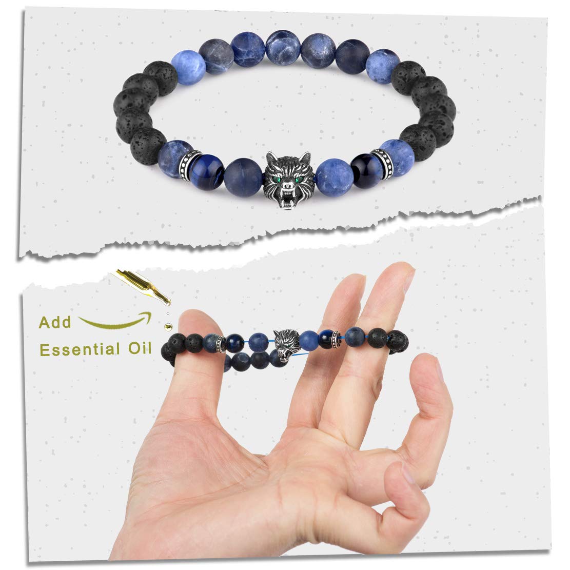 Karseer Viking Wolf Spirit Bracelet with Blue Sodalite and Black Lava Rock Beads, Natural Stone Chakra Jewelry for Emotional Support and Essential Oil Diffusion, Unisex Gift