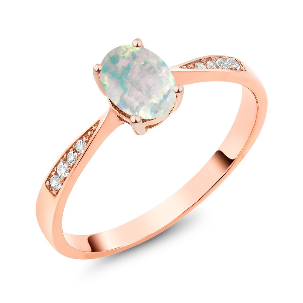 Gem Stone King 10K Rose Gold White Opal and White Diamond Engagement Ring For Women (0.69 Cttw, Gemstone October Birthstone, Oval Cabochon 7X5MM, Available In Size 5, 6, 7, 8, 9)