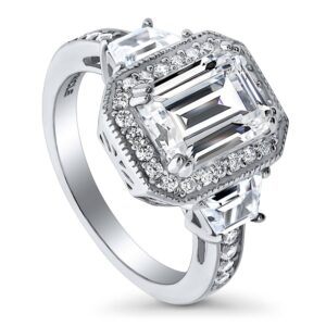 berricle sterling silver halo wedding engagement rings emerald cut cubic zirconia cz statement ring for women, rhodium plated size 7