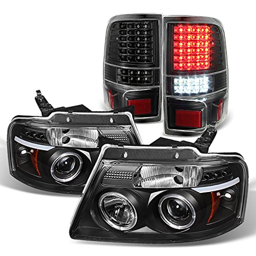 AKKON - For 2004-2008 Ford F150 F-150 Black Halo Projector LED Headlights + Full LED Tail Lights Taillamps Pair