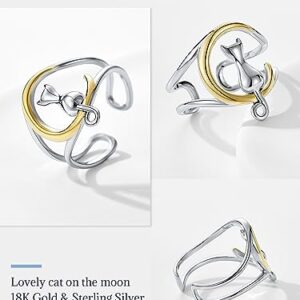 SILVERCUTE Women Cat Ring 925 Sterling Silver 18K Gold Plated Cat on the Moon Cute Wrap Ring Adjustable