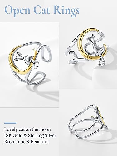 SILVERCUTE Women Cat Ring 925 Sterling Silver 18K Gold Plated Cat on the Moon Cute Wrap Ring Adjustable