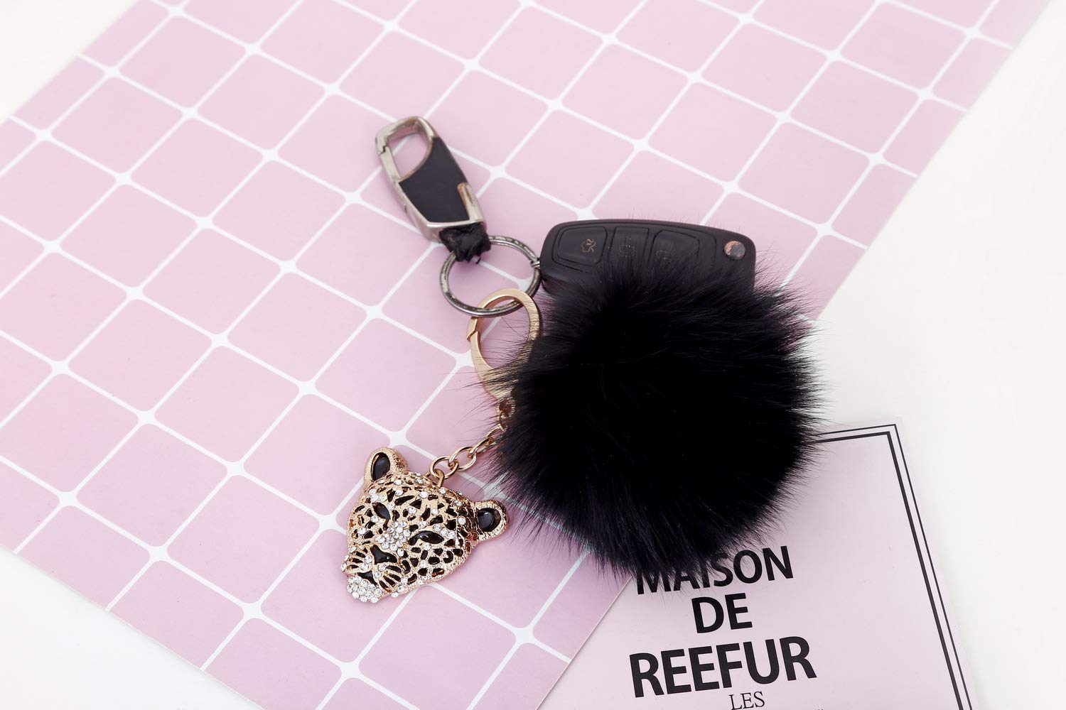 Giftale Leopard with Black Fox Fur Pom Pom Keychain for Women Ball Bag Charm