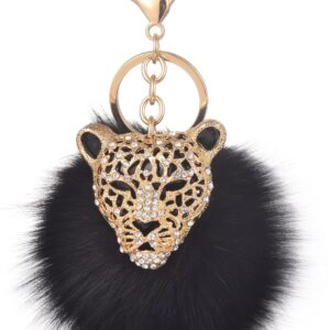 Giftale Leopard with Black Fox Fur Pom Pom Keychain for Women Ball Bag Charm