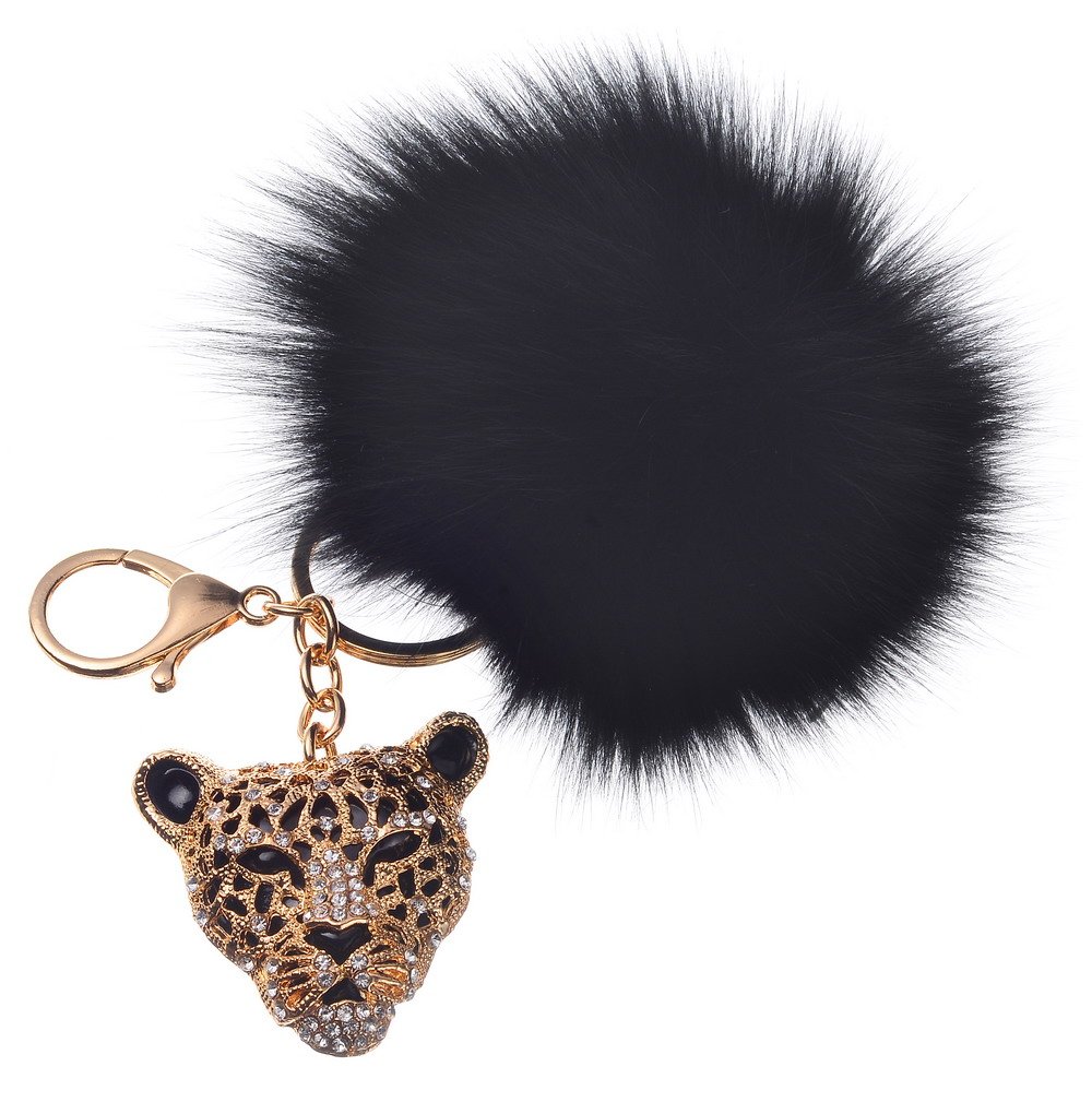 Giftale Leopard with Black Fox Fur Pom Pom Keychain for Women Ball Bag Charm