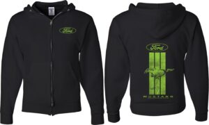 ford green mustang stripe (front & back) full zip hoodie, black, 3xl