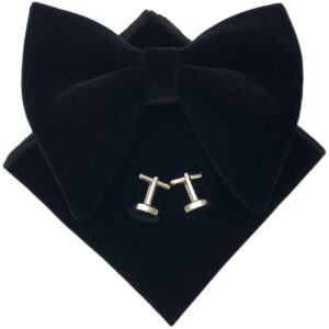 justar mens pre-tied oversized bow tie tuxedo velvet bowtie cufflinks hankie combo sets (black)