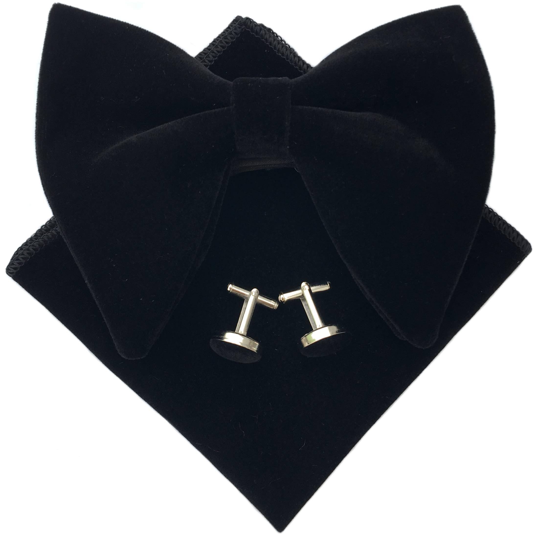 Justar Mens Pre-Tied Oversized Bow Tie Tuxedo Velvet Bowtie Cufflinks Hankie Combo Sets (Black)