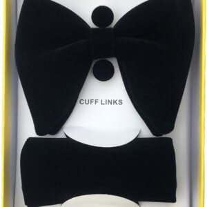 Justar Mens Pre-Tied Oversized Bow Tie Tuxedo Velvet Bowtie Cufflinks Hankie Combo Sets (Black)