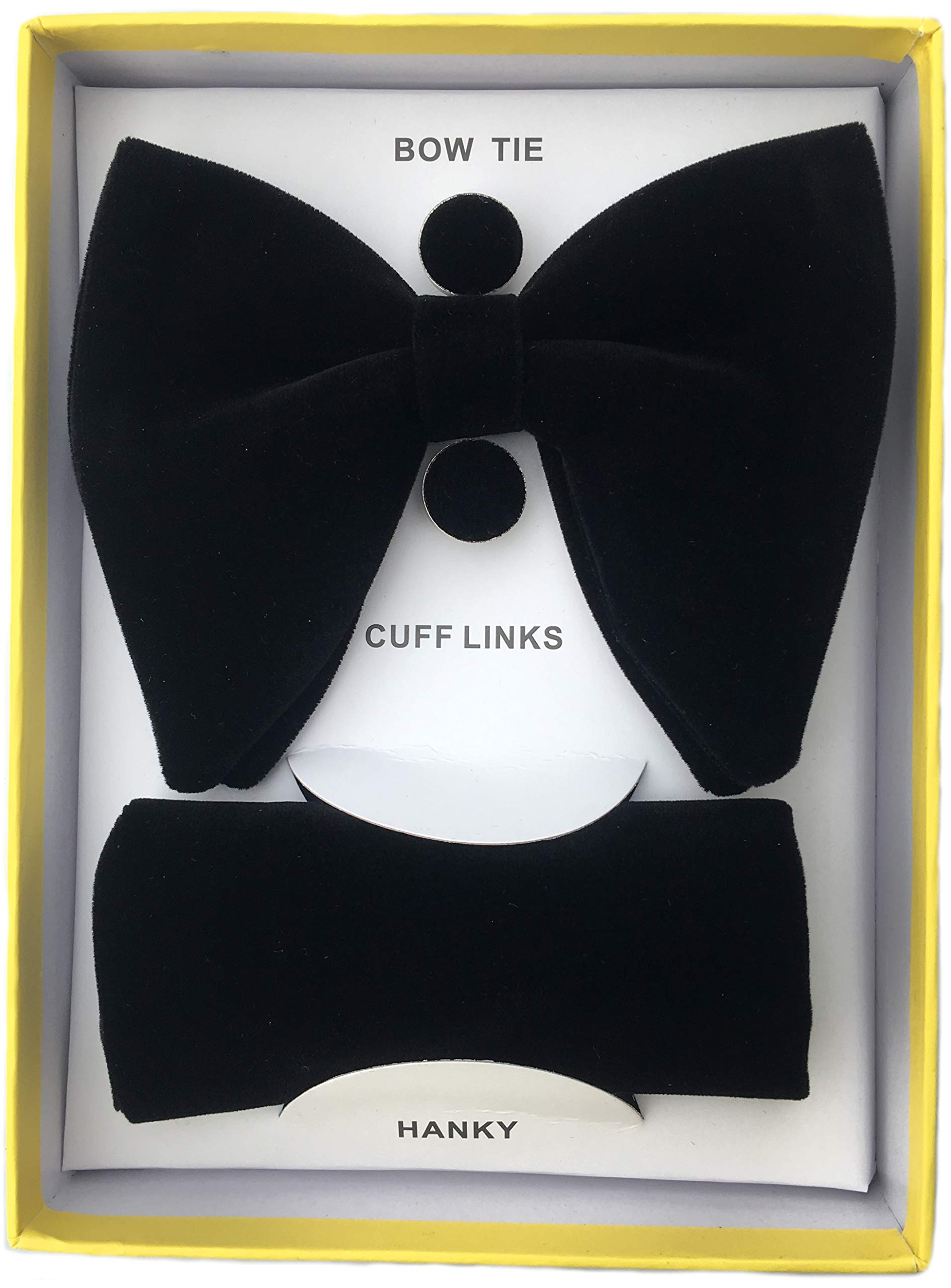 Justar Mens Pre-Tied Oversized Bow Tie Tuxedo Velvet Bowtie Cufflinks Hankie Combo Sets (Black)