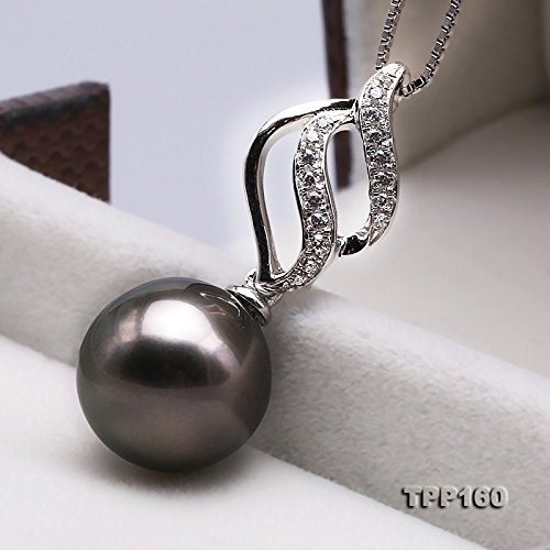 Pearl Necklace 11mm Black Round Tahitian Cultured Pearl Pendant Necklace for Women Princess Length 18"