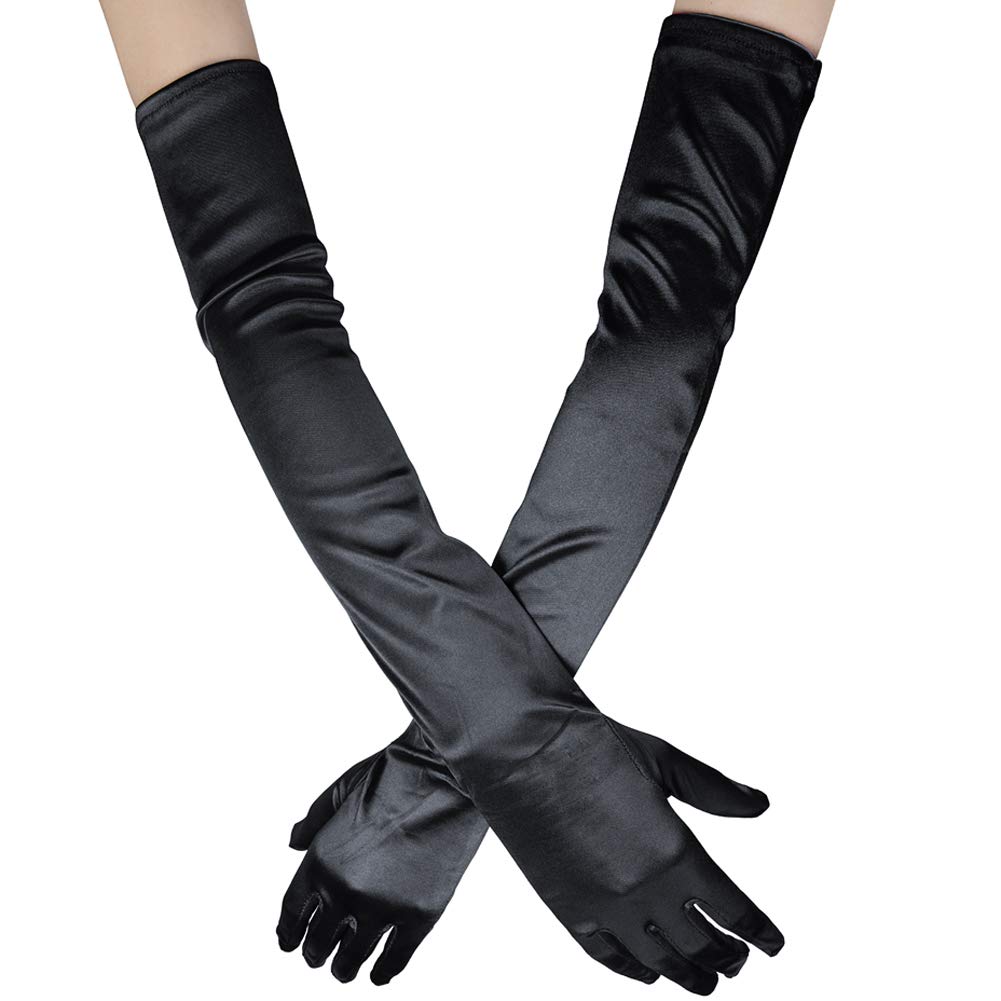 Xuhan Women's 21" Long Full Finger Evening Satin Gloves (Black)