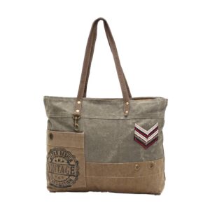 military badge upcycled canvas and genuine leather trim tote bag