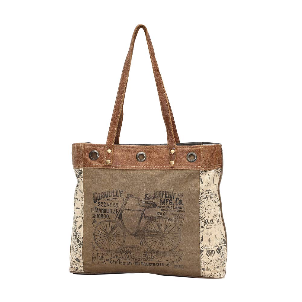 Myra Bags Bicycle Upcycled Canvas Tote Bag S-0935, Tan, Khaki, Brown, One_Size