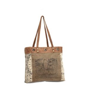 Myra Bags Bicycle Upcycled Canvas Tote Bag S-0935, Tan, Khaki, Brown, One_Size