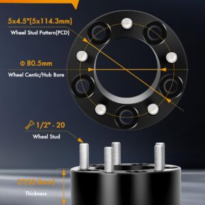 5x4.5 Wheel Spacers for Je/ep XJ KJ KK TJ ZJ KJ KK, dynofit 4pcs 5x114.3 2"(50.8mm) 80.5mm 1/2-20 Studs Forged 5 Lugs Wheel Spacer Fit Cherokee Explorer Wrangler Mustang Liberty Grand Cherokee Falcon