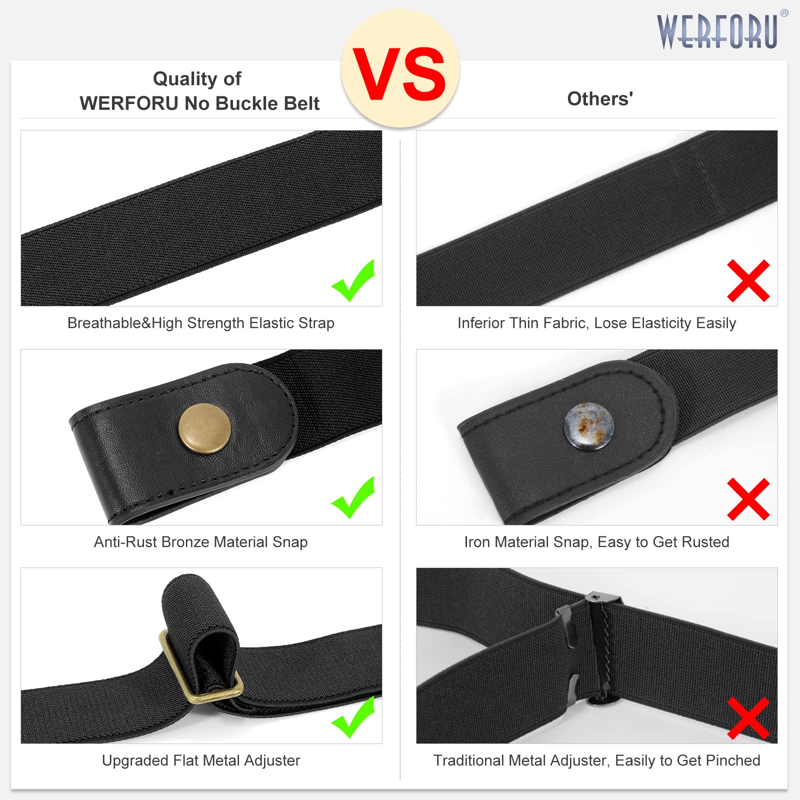 WERFORU No Buckle Stretch Belt For Women Men Elastic Waist Belt Up to 72 Inch for Jeans Pants,Black,Pants Size 31-50 Inches