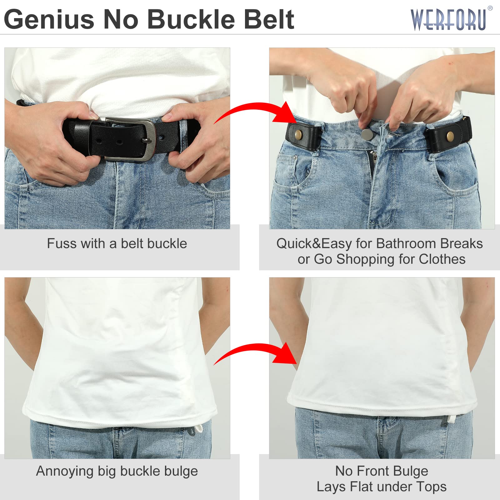 WERFORU No Buckle Stretch Belt For Women Men Elastic Waist Belt Up to 72 Inch for Jeans Pants,Black,Pants Size 31-50 Inches