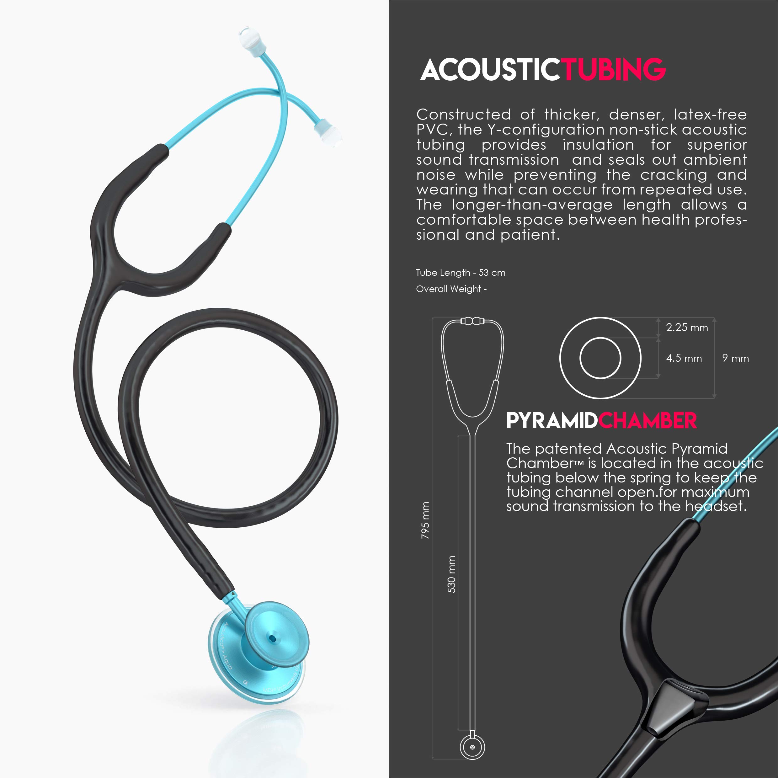 MDF Instruments, Acoustica Lightweight Stethoscope for Doctors, Nurses, Students, Home Health Use, Adult, Dual Head, Black Tube, Aqua Chestpiece-Headset, MDF747XPAQ11