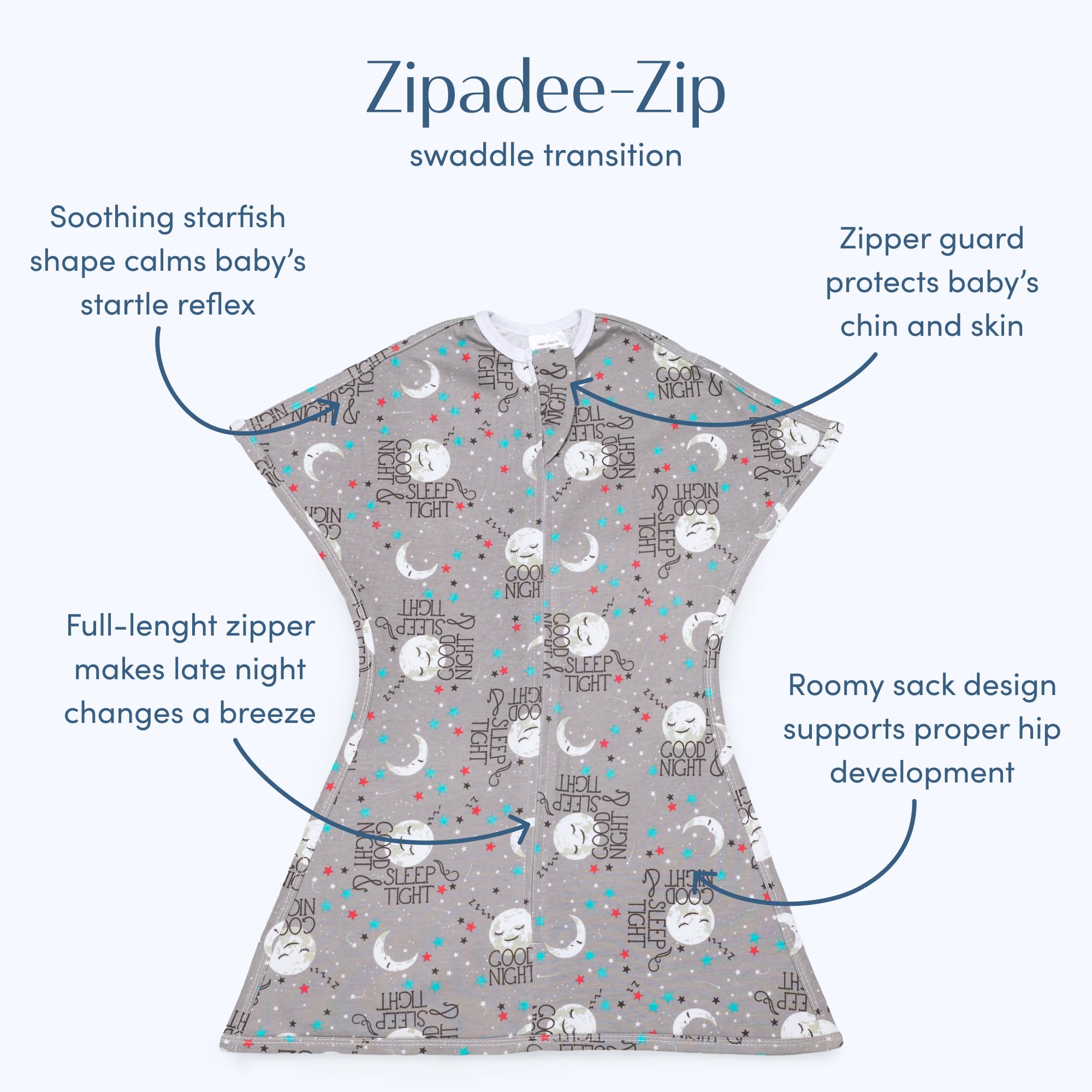 SleepingBaby Zipadee-Zip Transitional Swaddle Sack, 12-24 Month - Roomy Zipper Swaddle for Easy Diaper Changes and Proper Hip Development - Baby Swaddle Sack, Large - Goodnight Moon