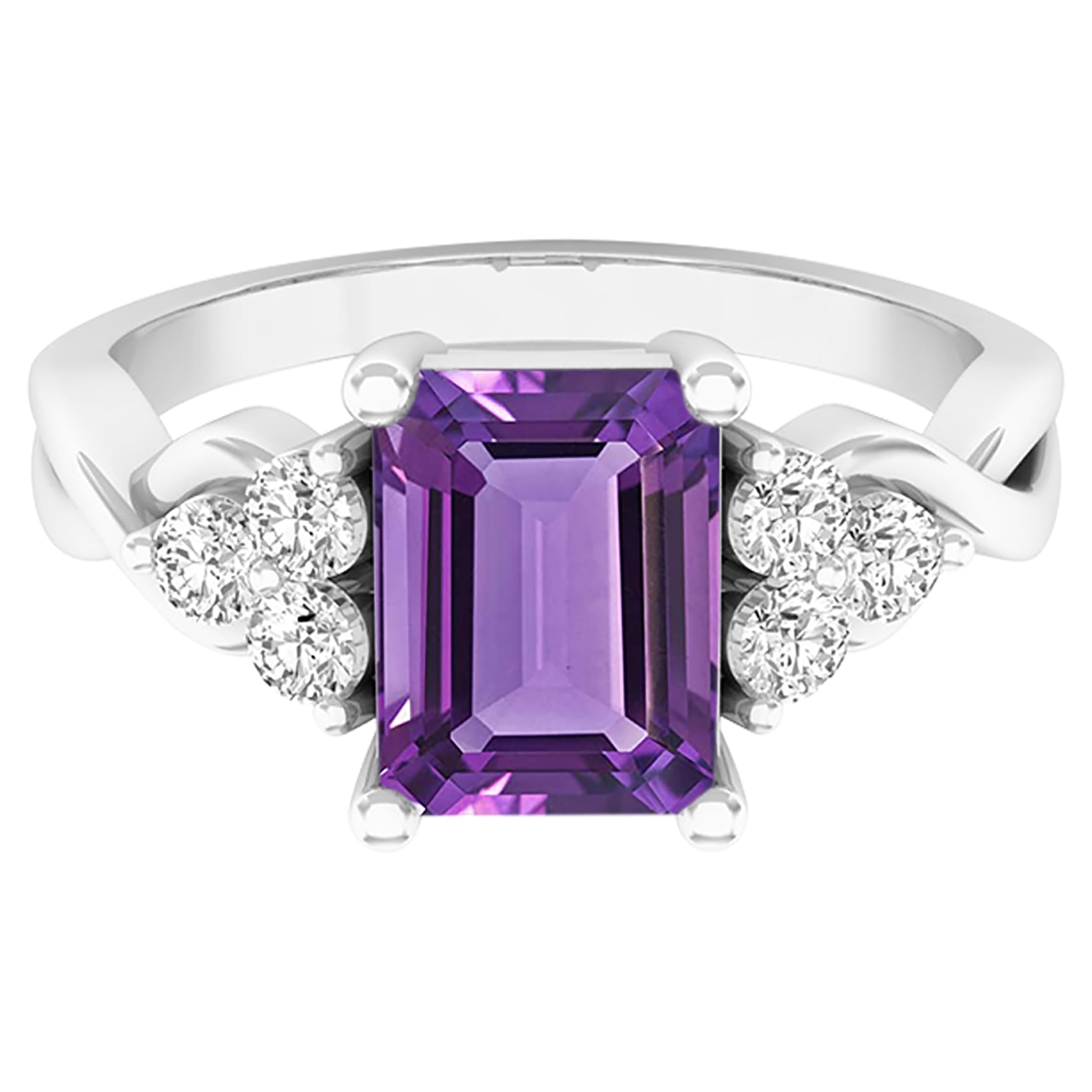 Dazzlingrock Collection 8x6mm Emerald Cut Amethyst & Round White Diamond Twisted Engagement Ring for Women in 925 Sterling Silver, Size 7.5