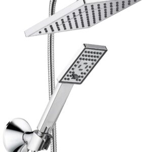 BRIGHT SHOWERS Rain Shower Head with Handheld Spray, 8 Inch High Pressure Rainfall Shower Head Combo with 60” Hose, Adjustable Dual Square Showerhead with 3-Way Diverter, Wall Bracket, Chrome