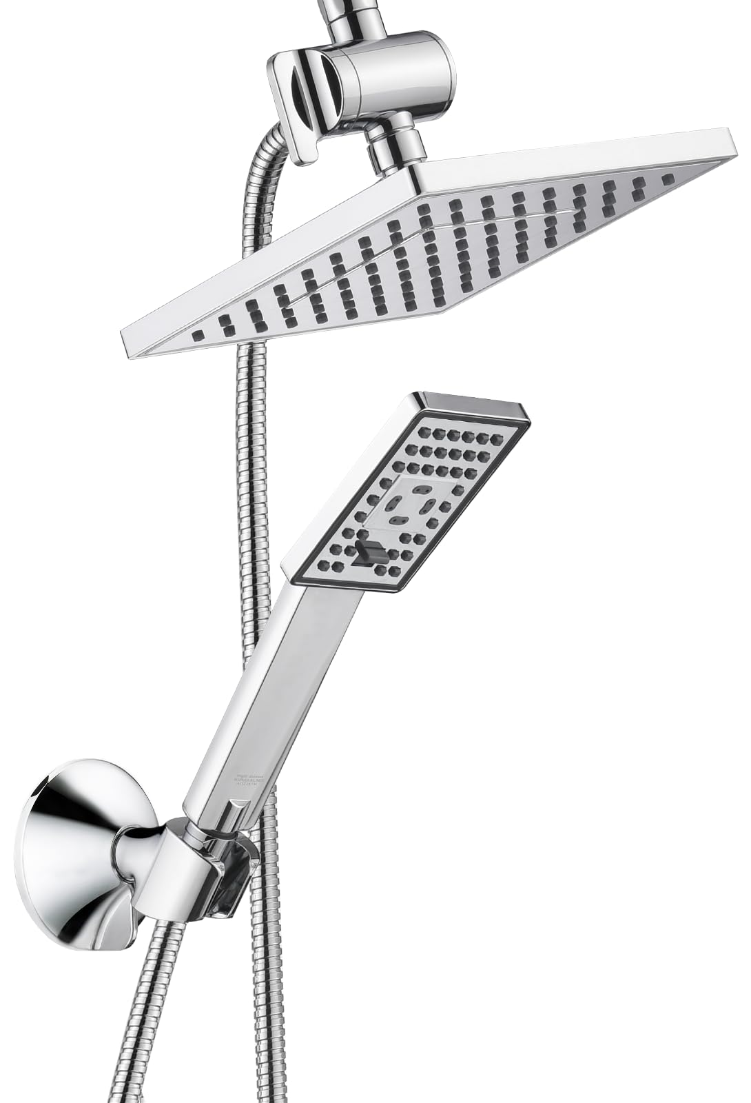 BRIGHT SHOWERS Rain Shower Head with Handheld Spray, 8 Inch High Pressure Rainfall Shower Head Combo with 60” Hose, Adjustable Dual Square Showerhead with 3-Way Diverter, Wall Bracket, Chrome