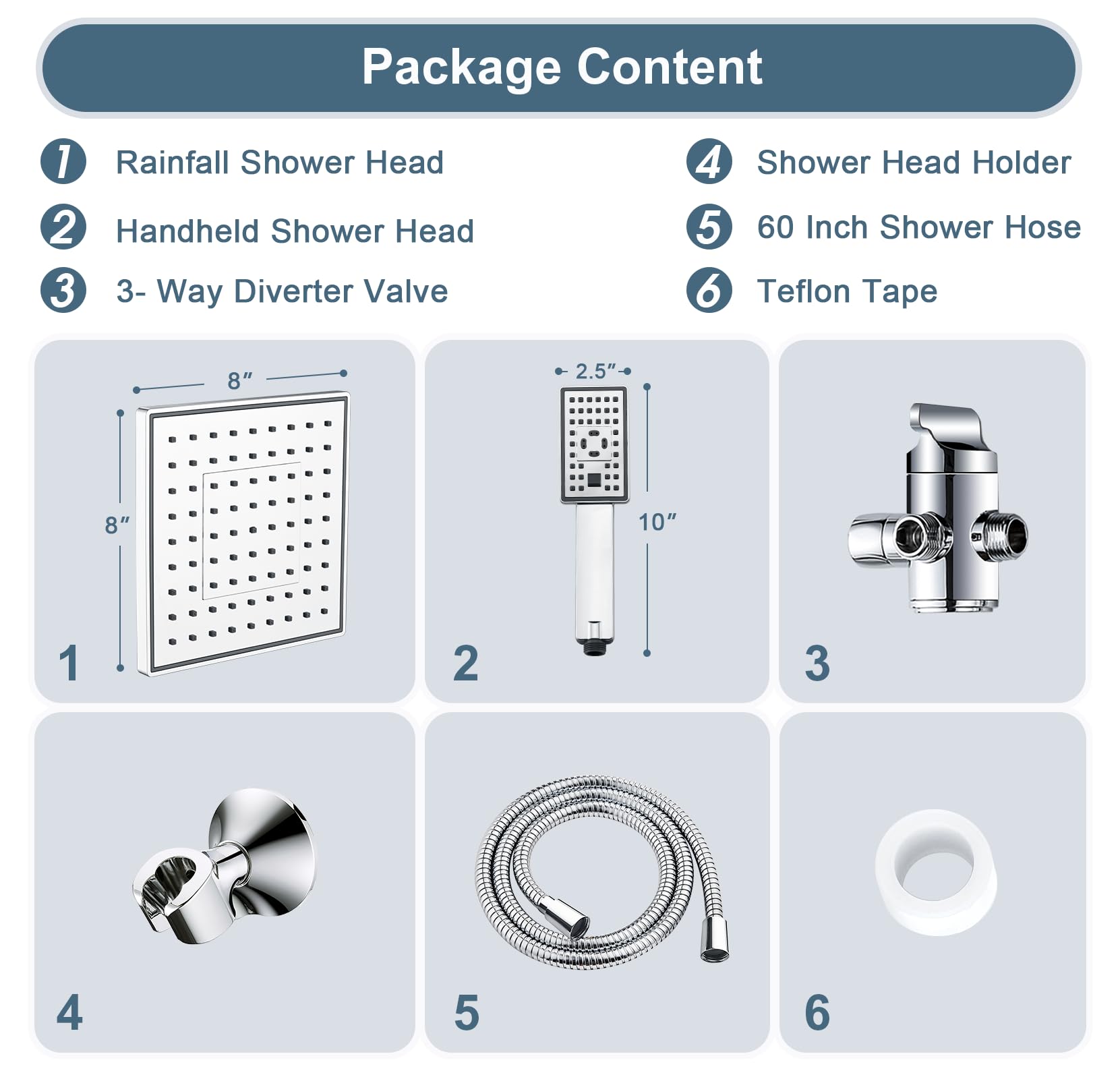 BRIGHT SHOWERS Rain Shower Head with Handheld Spray, 8 Inch High Pressure Rainfall Shower Head Combo with 60” Hose, Adjustable Dual Square Showerhead with 3-Way Diverter, Wall Bracket, Chrome