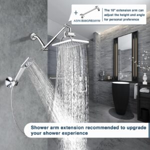 BRIGHT SHOWERS Rain Shower Head with Handheld Spray, 8 Inch High Pressure Rainfall Shower Head Combo with 60” Hose, Adjustable Dual Square Showerhead with 3-Way Diverter, Wall Bracket, Chrome