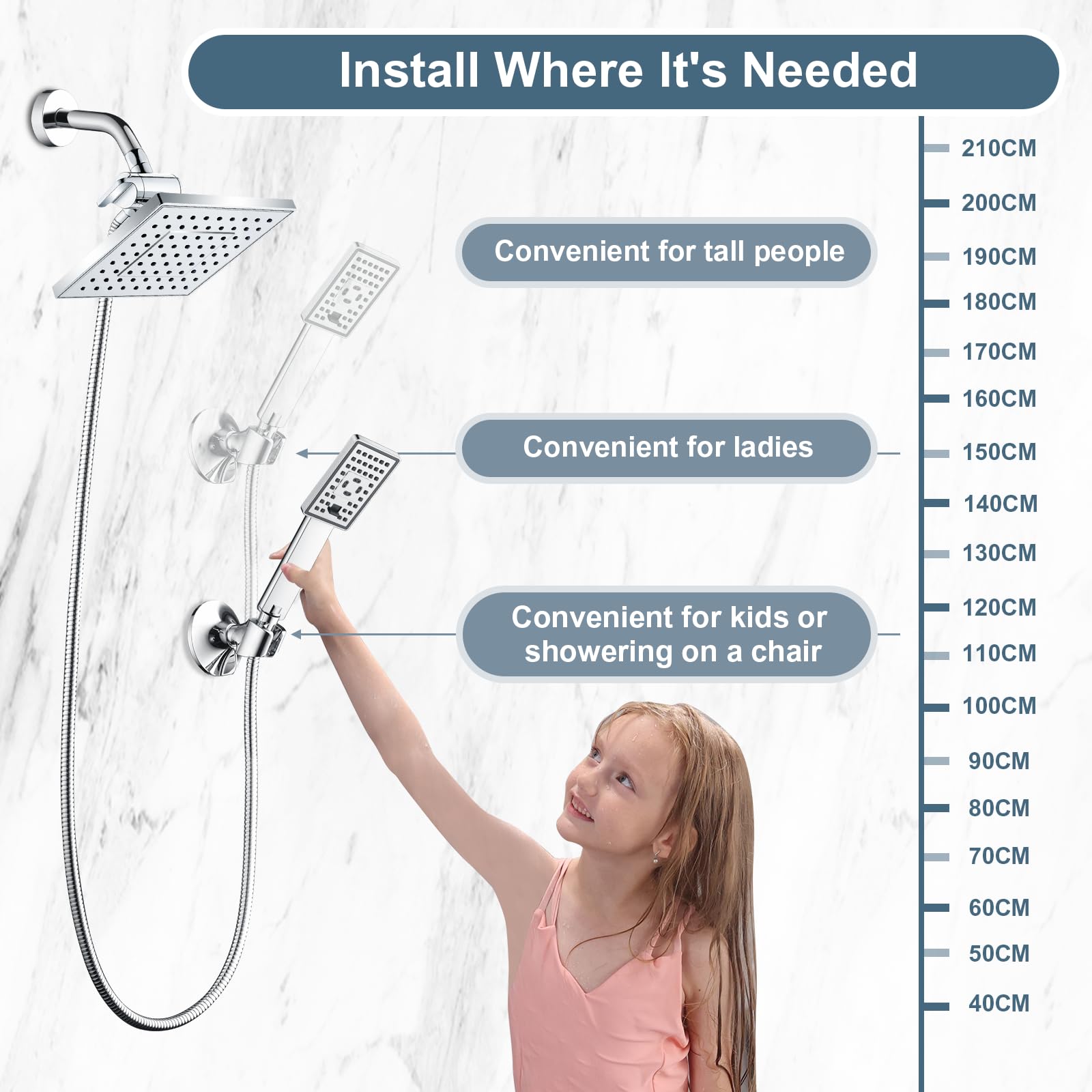 BRIGHT SHOWERS Rain Shower Head with Handheld Spray, 8 Inch High Pressure Rainfall Shower Head Combo with 60” Hose, Adjustable Dual Square Showerhead with 3-Way Diverter, Wall Bracket, Chrome