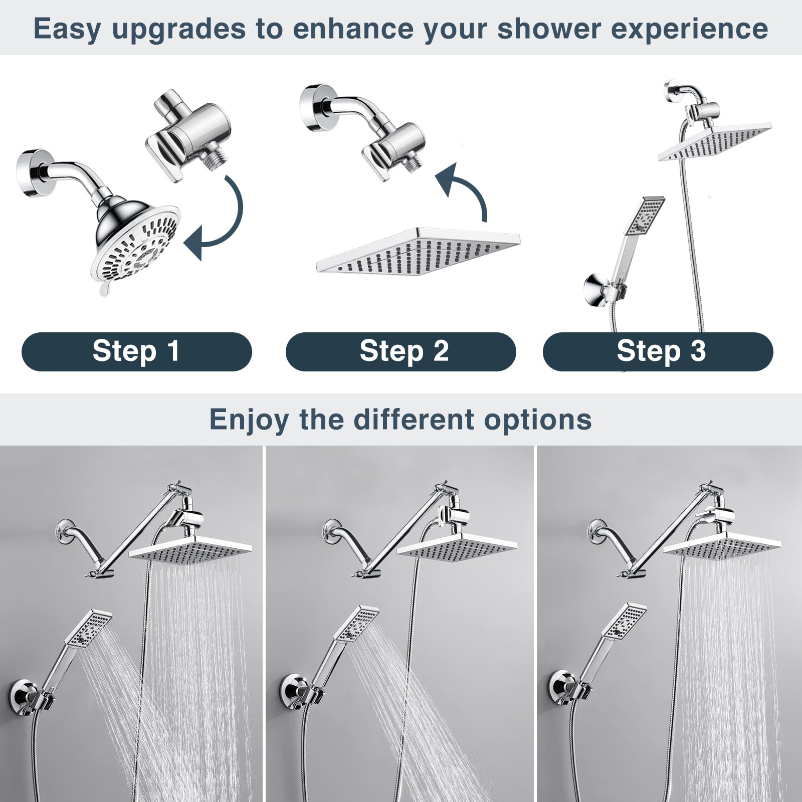 BRIGHT SHOWERS Rain Shower Head with Handheld Spray, 8 Inch High Pressure Rainfall Shower Head Combo with 60” Hose, Adjustable Dual Square Showerhead with 3-Way Diverter, Wall Bracket, Chrome