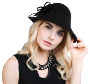 bellady women's elegant flower wool cloche bucket bowler hat, black