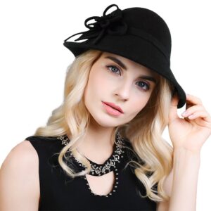 Bellady Women's Elegant Flower Wool Cloche Bucket Bowler Hat, Black