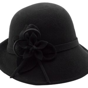 Bellady Women's Elegant Flower Wool Cloche Bucket Bowler Hat, Black