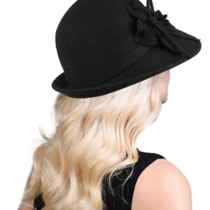 Bellady Women's Elegant Flower Wool Cloche Bucket Bowler Hat, Black