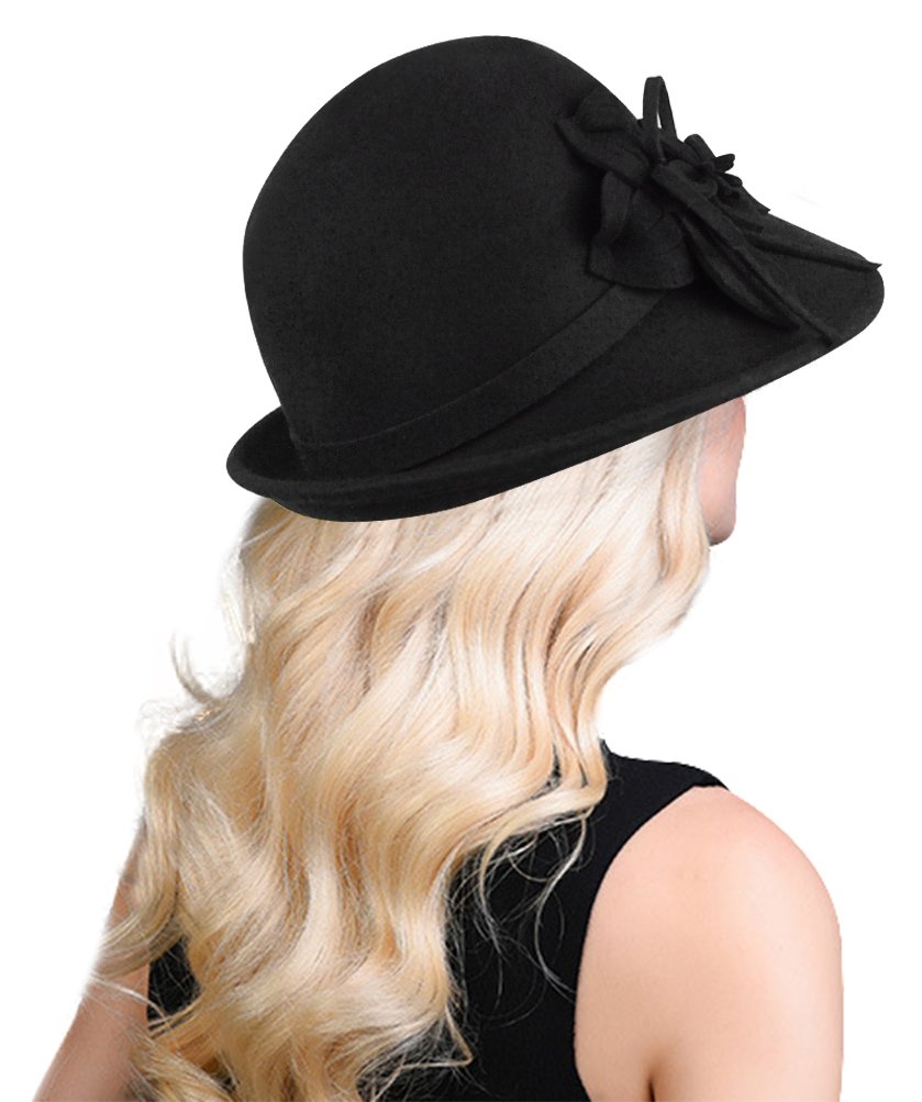 Bellady Women's Elegant Flower Wool Cloche Bucket Bowler Hat, Black