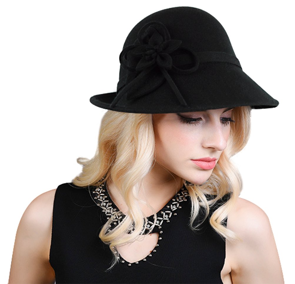 Bellady Women's Elegant Flower Wool Cloche Bucket Bowler Hat, Black