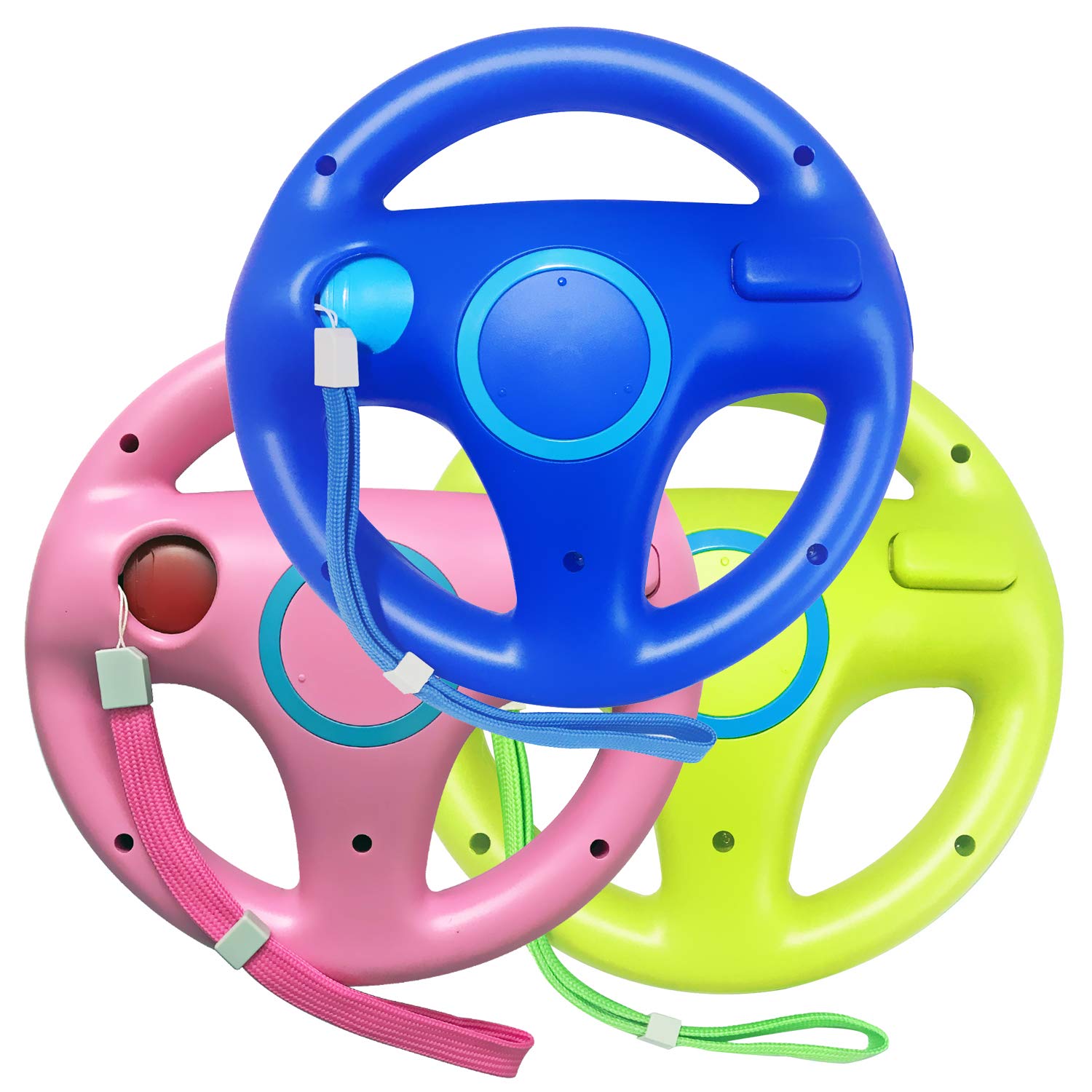 Jadebones 3PCS Blue Pink Green Racing Steering Wheel with Wrist Strap for Wii and Wii U