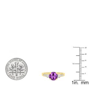 Dazzlingrock Collection 7mm Round Center Amethyst & White Diamond 3 Stone Engagement Ring for Women in 14K Yellow Gold, Size 8