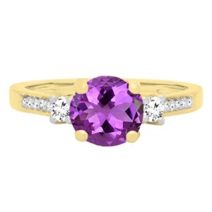 Dazzlingrock Collection 7mm Round Center Amethyst & White Diamond 3 Stone Engagement Ring for Women in 14K Yellow Gold, Size 8