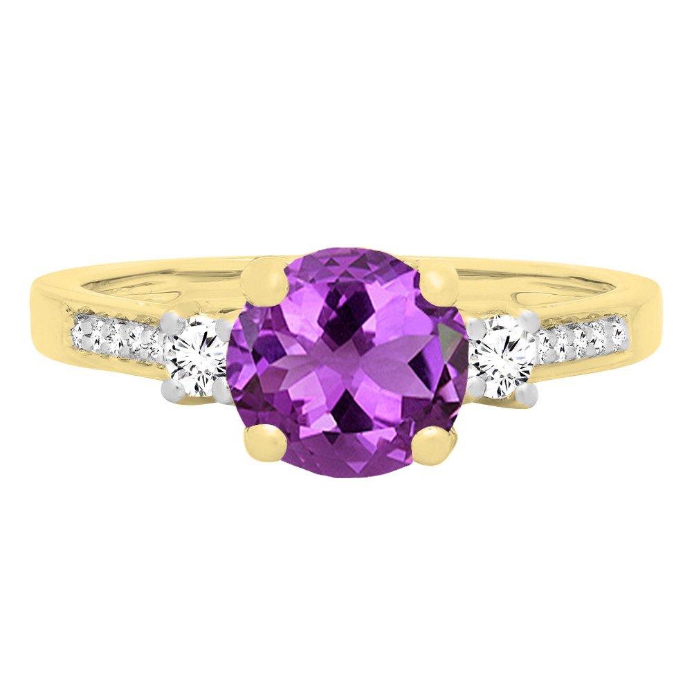 Dazzlingrock Collection 7mm Round Center Amethyst & White Diamond 3 Stone Engagement Ring for Women in 14K Yellow Gold, Size 8