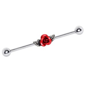 pierced owl 14ga 316l surgical steel red rose with leaves industrial barbell