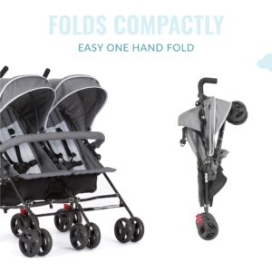 Dream On Me Volgo Twin Umbrella Stroller in Gray, Lightweight Double Stroller for Infant & Toddler, Compact Easy Fold, Large Storage Basket, Large and Adjustable Canopy