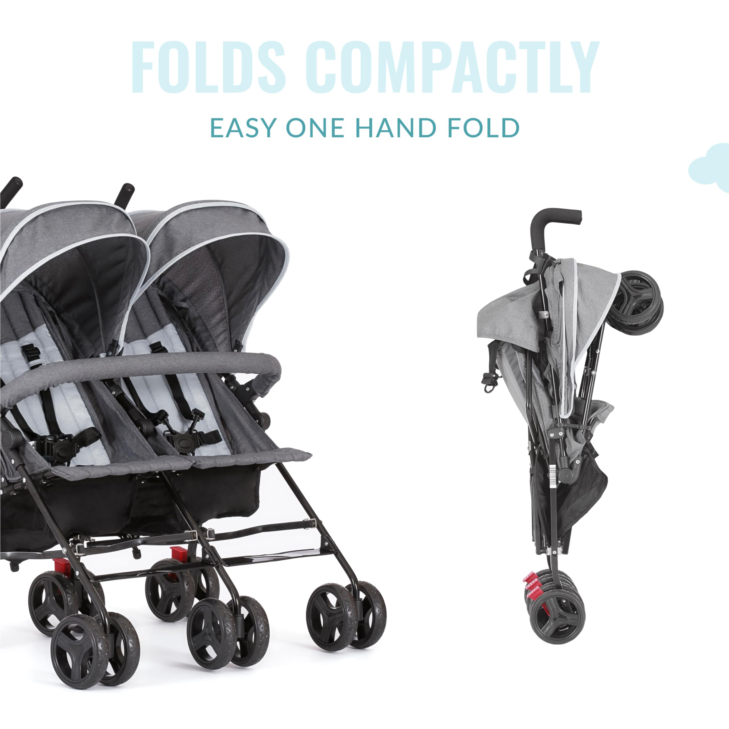 Dream On Me Volgo Twin Umbrella Stroller in Gray, Lightweight Double Stroller for Infant & Toddler, Compact Easy Fold, Large Storage Basket, Large and Adjustable Canopy