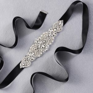 yanstar Black Sash Crystal Applique Wedding Bridal Belts In Silver With Pearls Beaded On Wedding Prom Dress-7.7In*2In