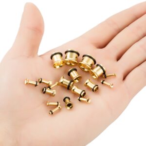 CABBE 18pcs 14G-00G Ear Tunnels Stretching Kit Gauges Stainless Steel Single Flared Set Expanders for Women Men Body Piercing Jewelry (Goldtone)