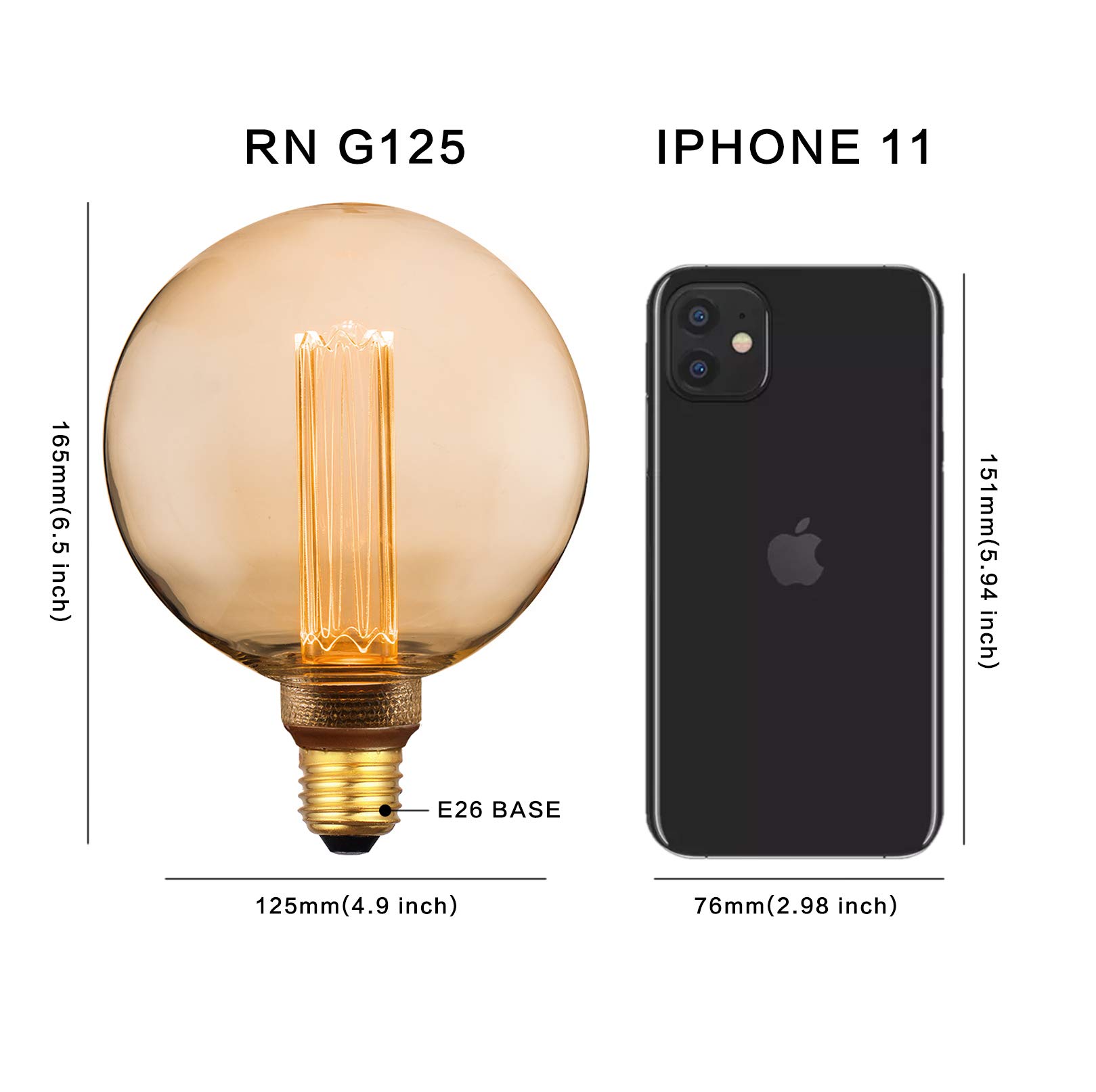 Harwez Globe Decorative LED Light Bulb, Oversized Round Dimmable Amber RN(Retro&Novelty) G125/G40, Virtual Filament, Edison 3.5W 2000K Soft Warm Mood Lighting(Not Daylight White), E26 Medium Base